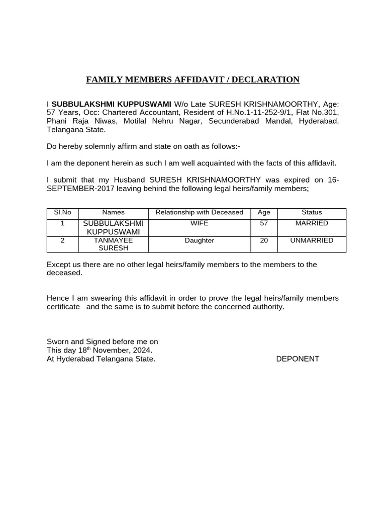 Legal Heirs Affidavit | PDF