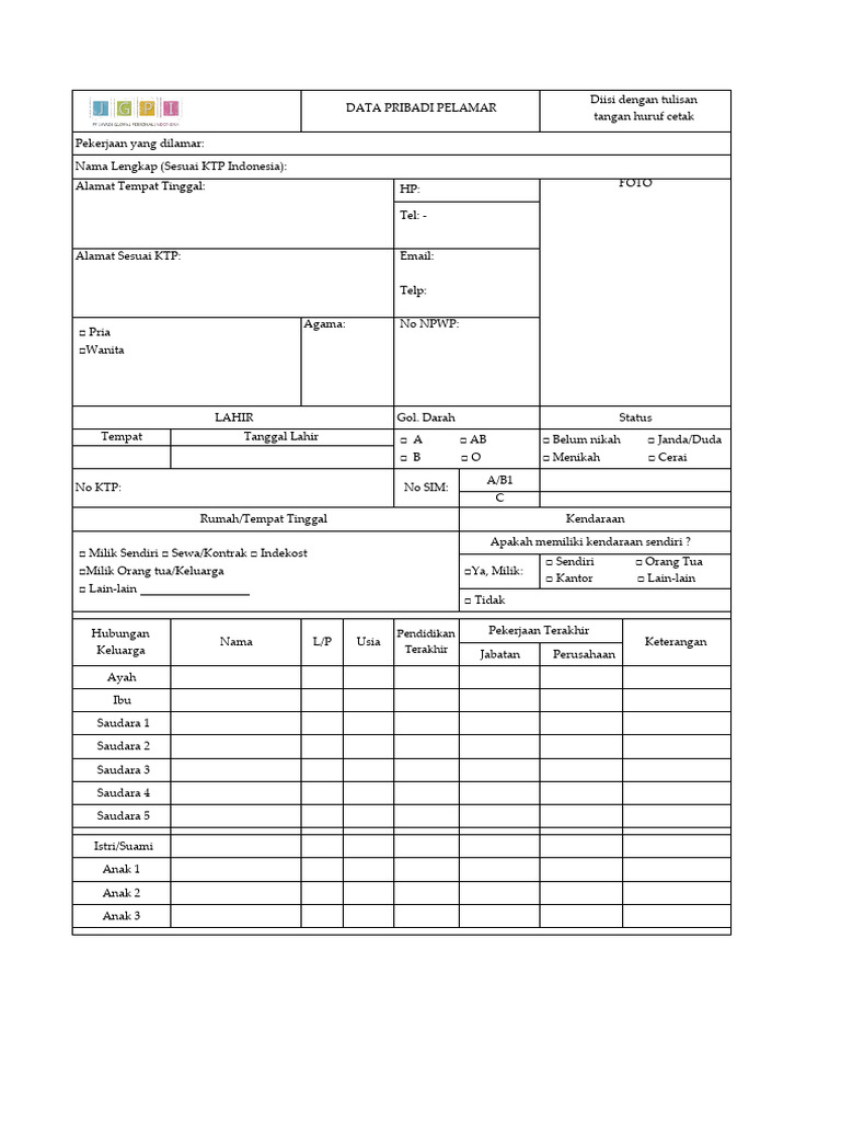 Form Data Pelamar JGPI | PDF