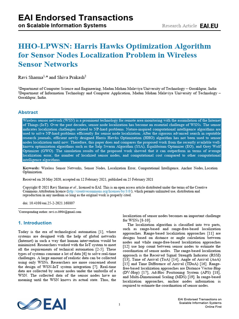 Hho Lpwsn Harris Hawks Optimization Algorithm For Pdf Wireless Sensor Network Applied