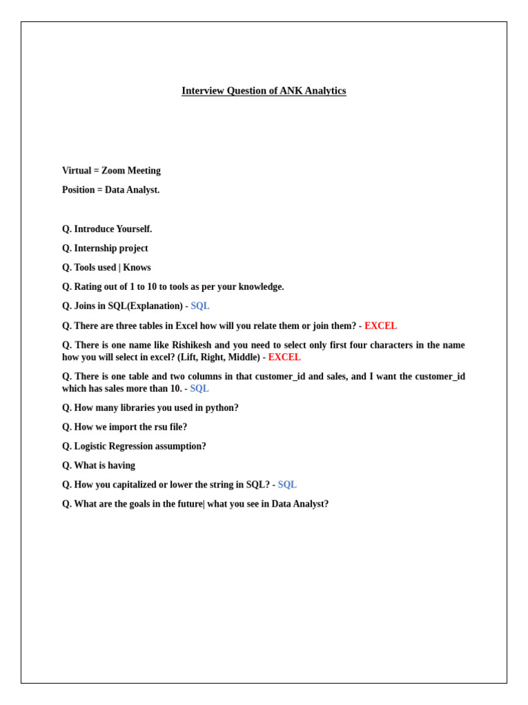 Interview Question of ANK Analytics | PDF