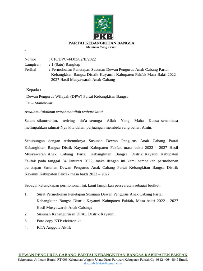 Dokumen Usulan SK DPAC PKB KABUPATEN FAKFAK | PDF