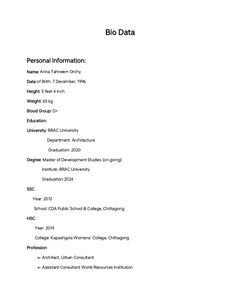 Arina Tahneem Orchy Bio Data Summary | PDF | Career & Growth