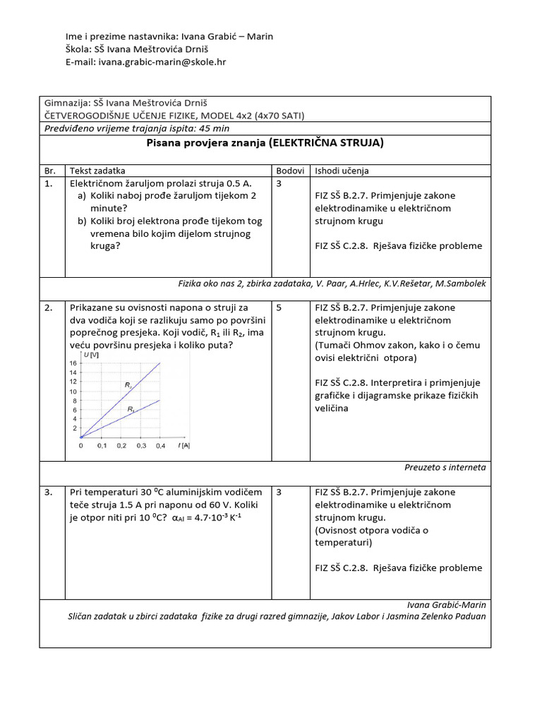 ELEKTRIČNA STRUJA - Pisana Provjera Numerički I Konceptualni Zadaci | PDF