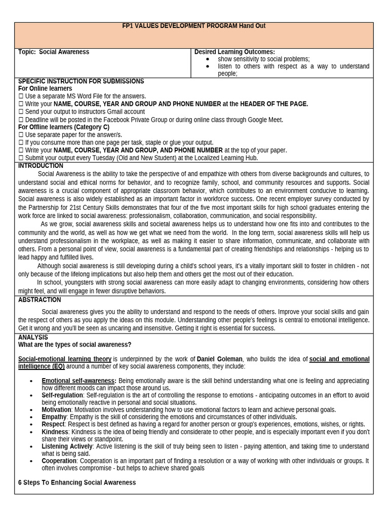 Hand Out Social Awareness | PDF | Learning | Empathy