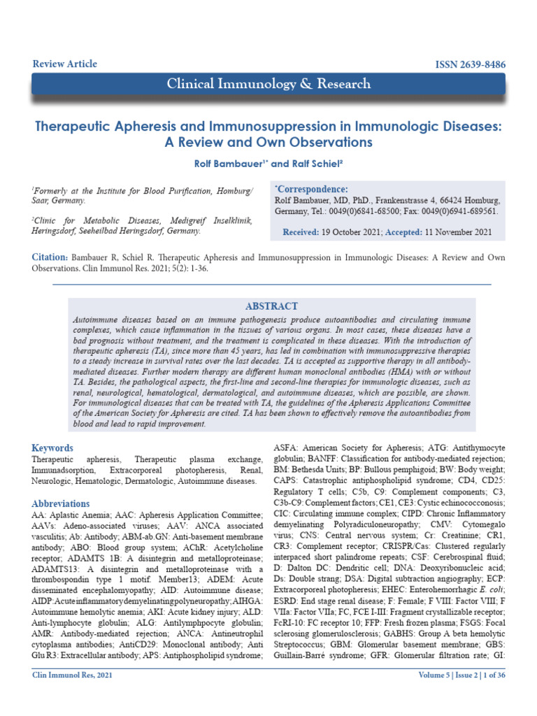 Therapeutic Apheresis and Immunosuppression in Immunologic Diseases A ...