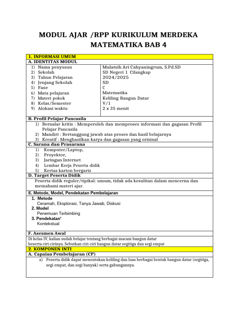 Modul Ajar RPP Ari M. Bab 4 Keliling Bangun Datar | PDF | Metode & Bahan Ajar