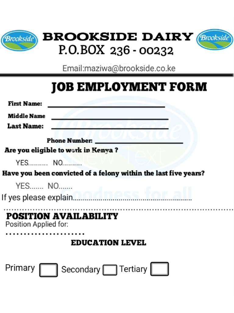 Brookside Dairy Application Form | PDF