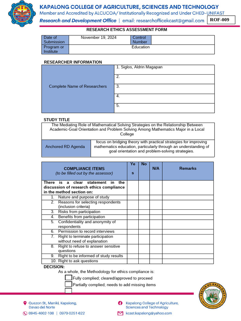 ROF-009 Research Ethics Assessment Form | PDF