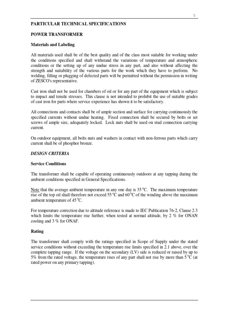 Power Transformer Technical Specifications | PDF | Transformer ...