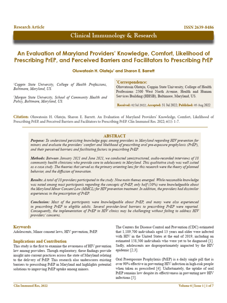 An Evaluation of Maryland Providers Knowledge Comfort Likelihood of Prescribing Prep and ...
