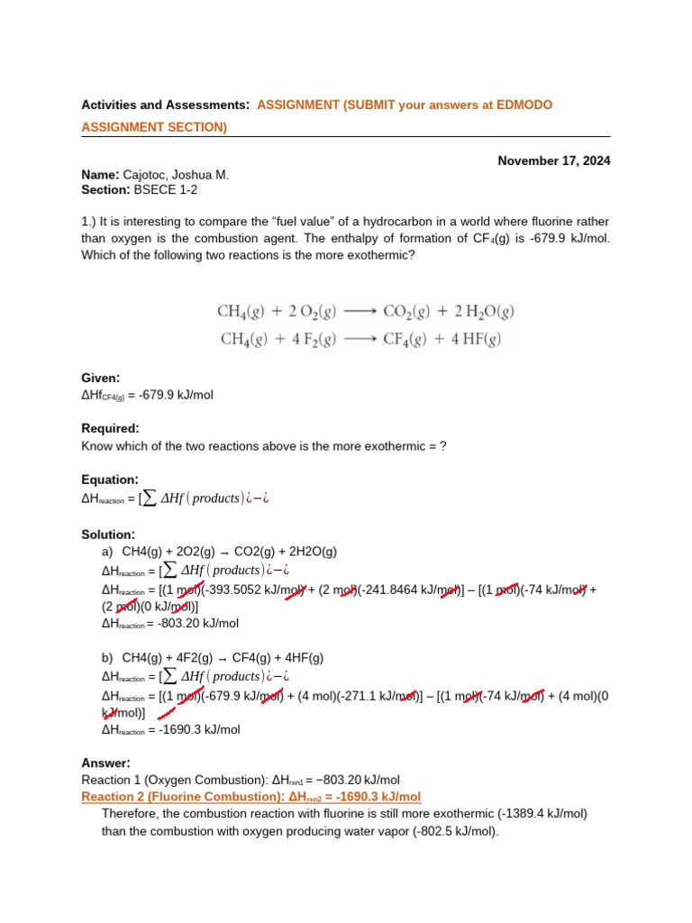 Assessments Lesson 4 Unit 3 Heat of Reaction | PDF | Combustion ...