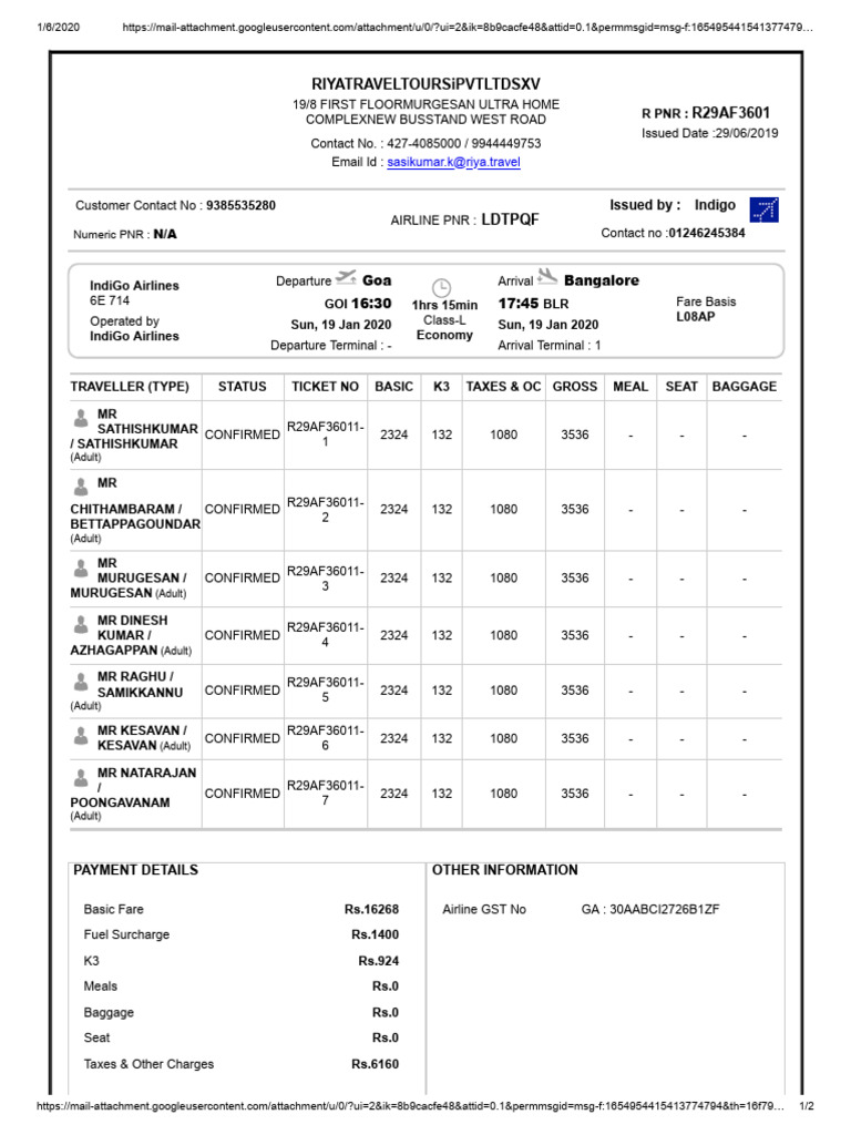 GOI to BLR Ticket Copy | PDF | Aviation