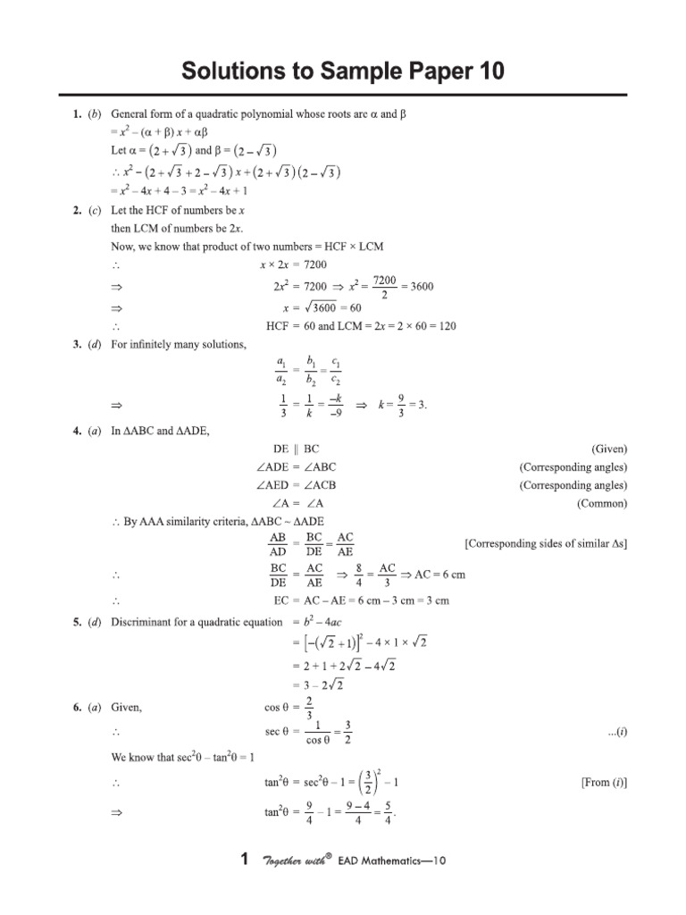 Cbse Cl10 Ead Mathematics Answers To Sample Paper 10 2025 | PDF
