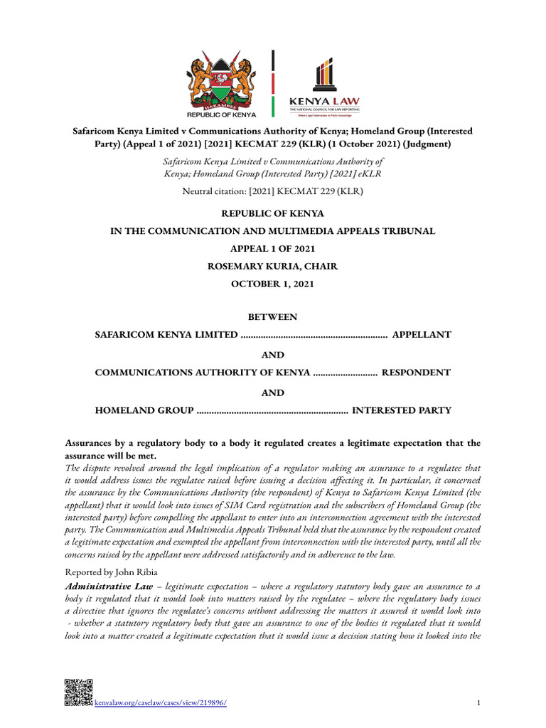 Safaricom vs. CAK: Legitimate Expectation | PDF | License | Appeal
