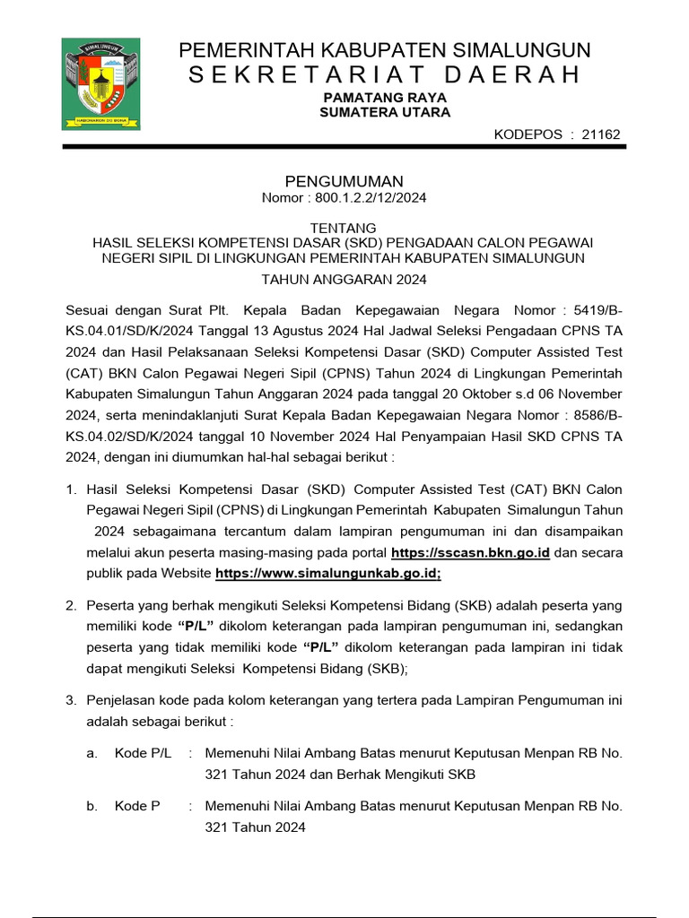 Pengumuman Hasil Seleksi SKD Cpns Kab. Simalungun Tahun 2024 Lampiran | PDF