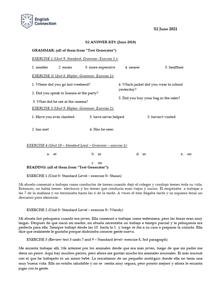 S2 Exam Answer Key | PDF