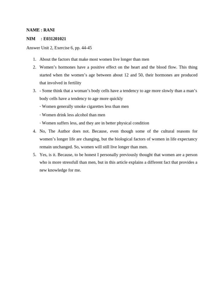 Name RANI, Week 2 Unit 2, Exercise 6, Pp. 44-45 Assignment | PDF