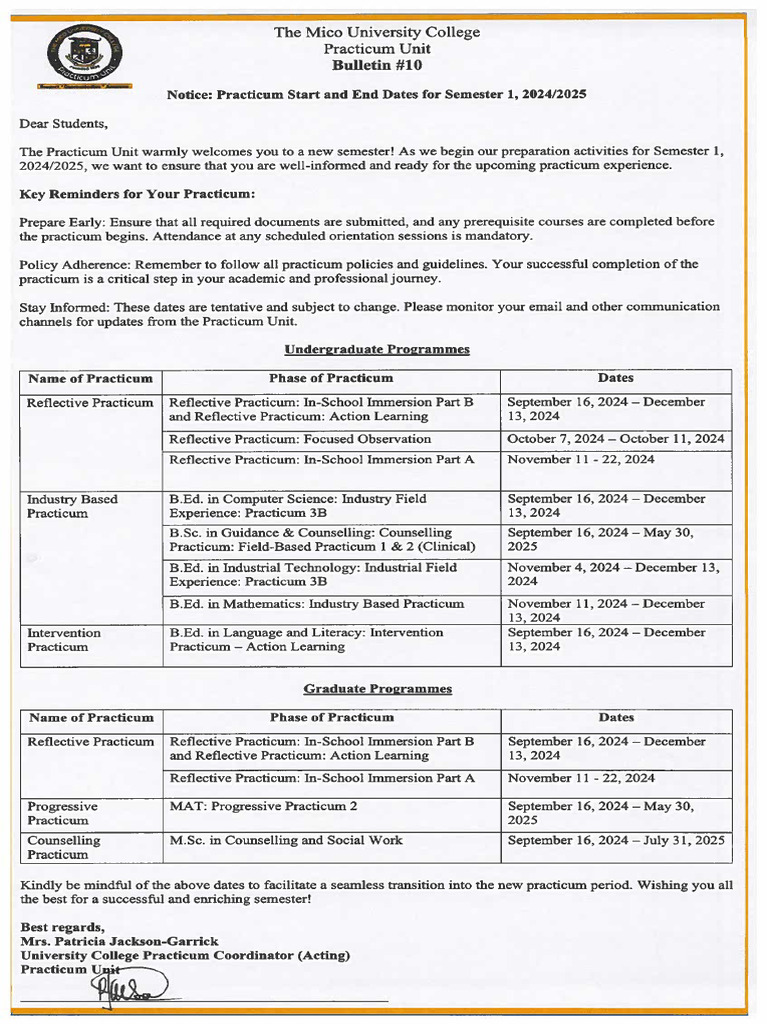 Practicum Start and End Date Students | PDF