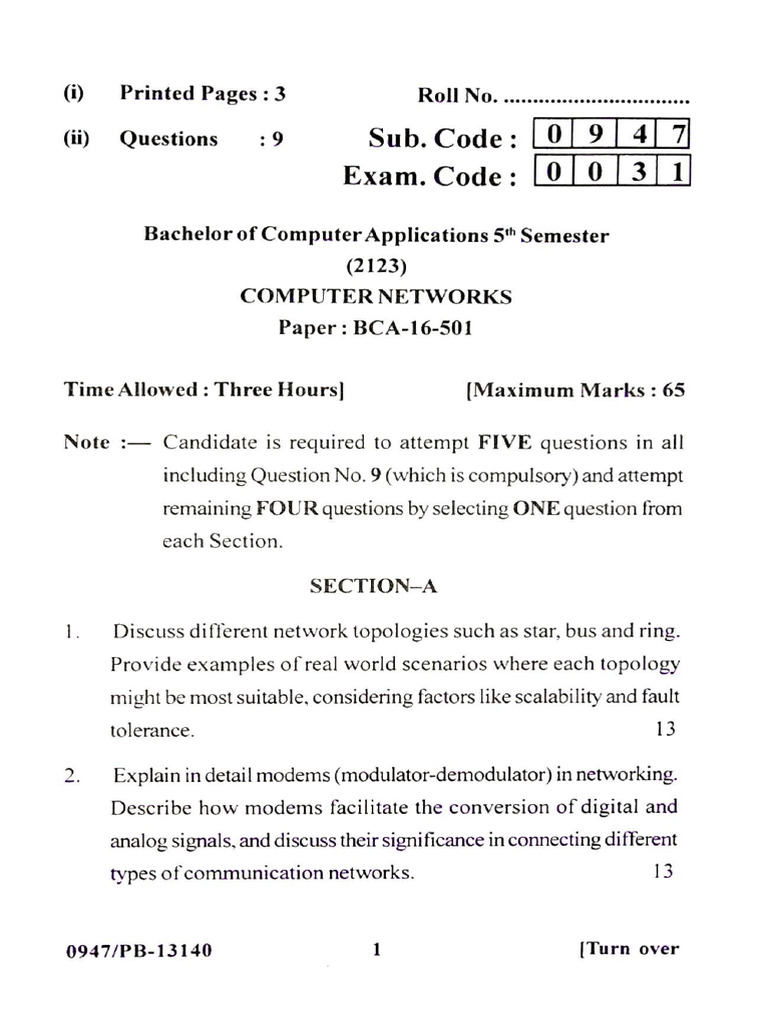 BCA - 5th Sem - BCA - 16 - 501 - Computer Networks - December 2023 | PDF
