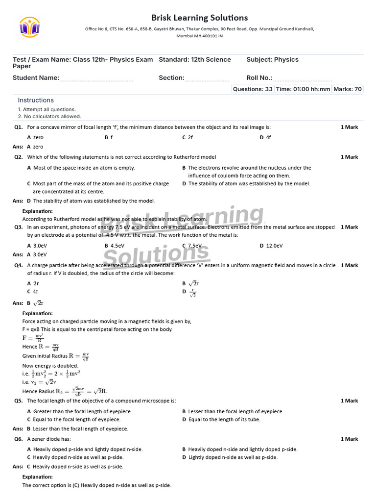 Class 12th - Physics Exam Answer Key | PDF | Rectifier | Photoelectric ...