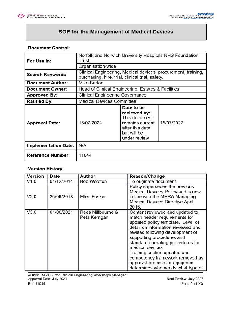 Medical Device Management SOP v4.1 | PDF | Medical Device | Medicine