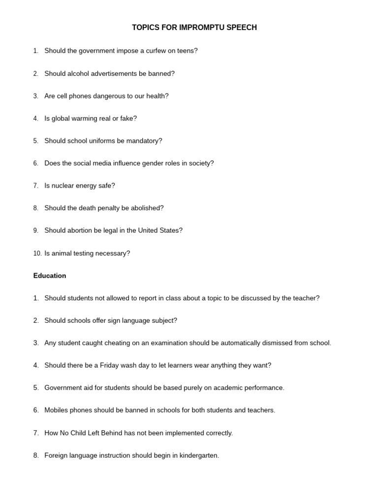 Topics For Impromptu Speech | PDF
