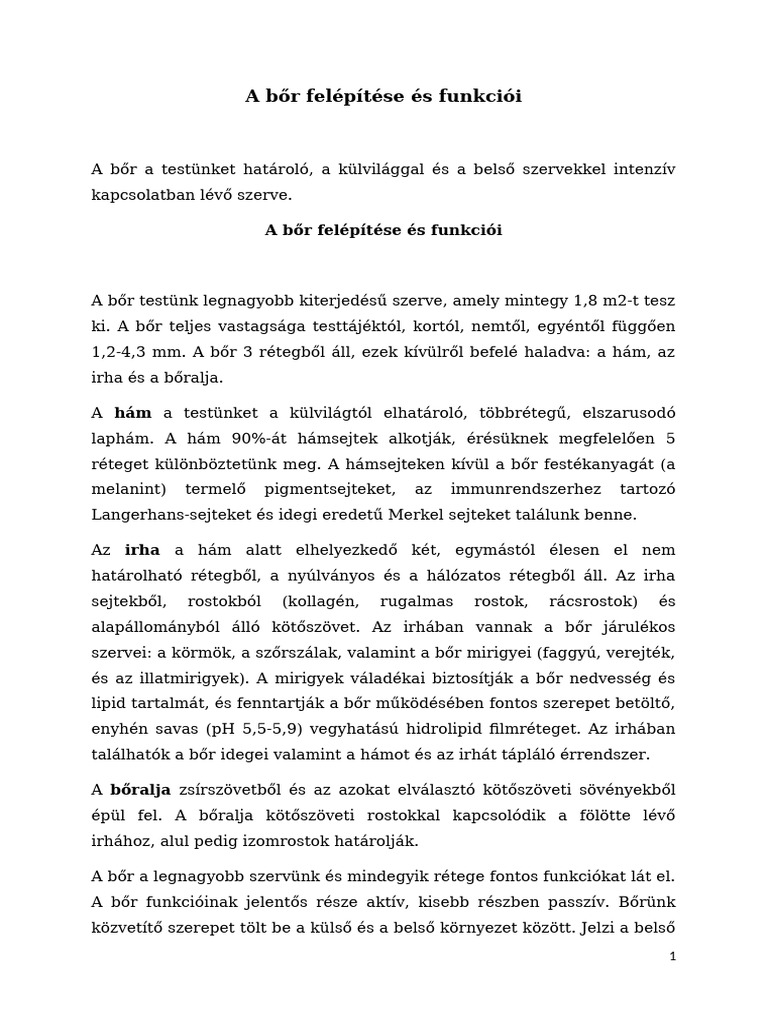 A Bőr Felépítése És Funkciói | PDF