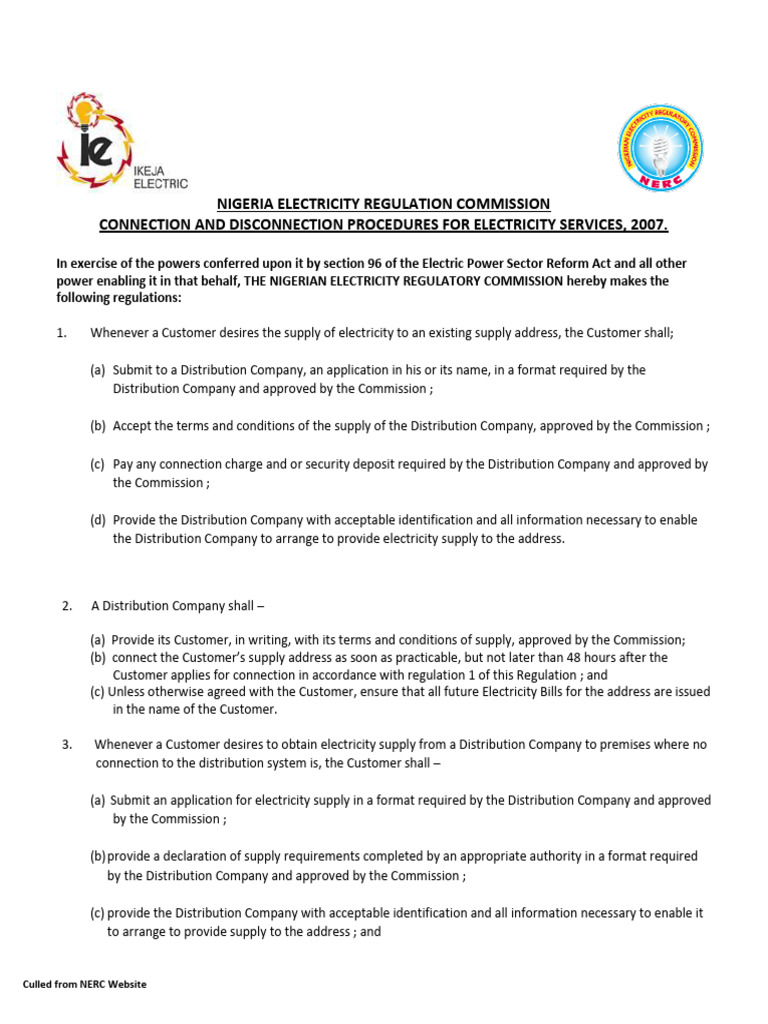Connection and Disconnection Procedures For Electricity Services 2007 ...