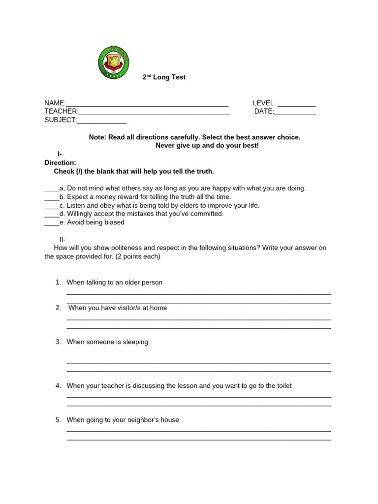 Values 1 Long Test | PDF