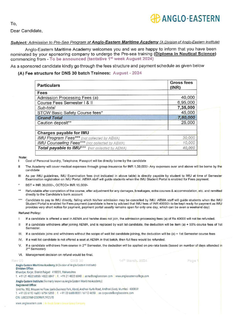 DNS 30 Fee Structure | PDF