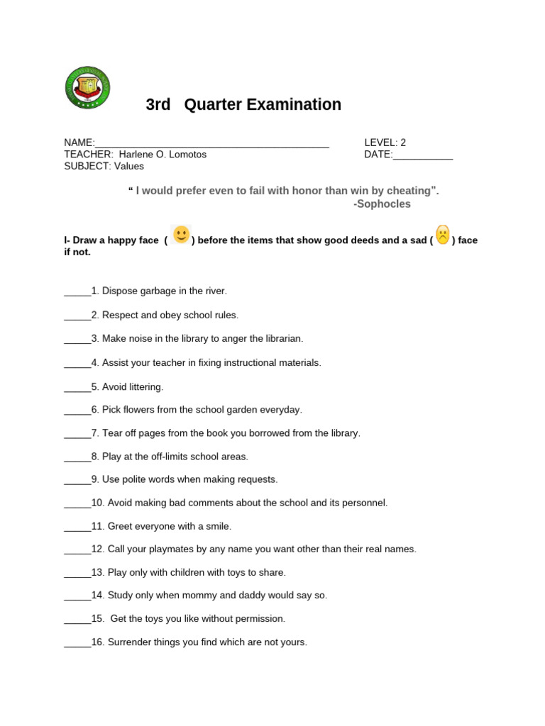 3rd Quarter Exam-Values 2 | PDF | Language Arts & Discipline
