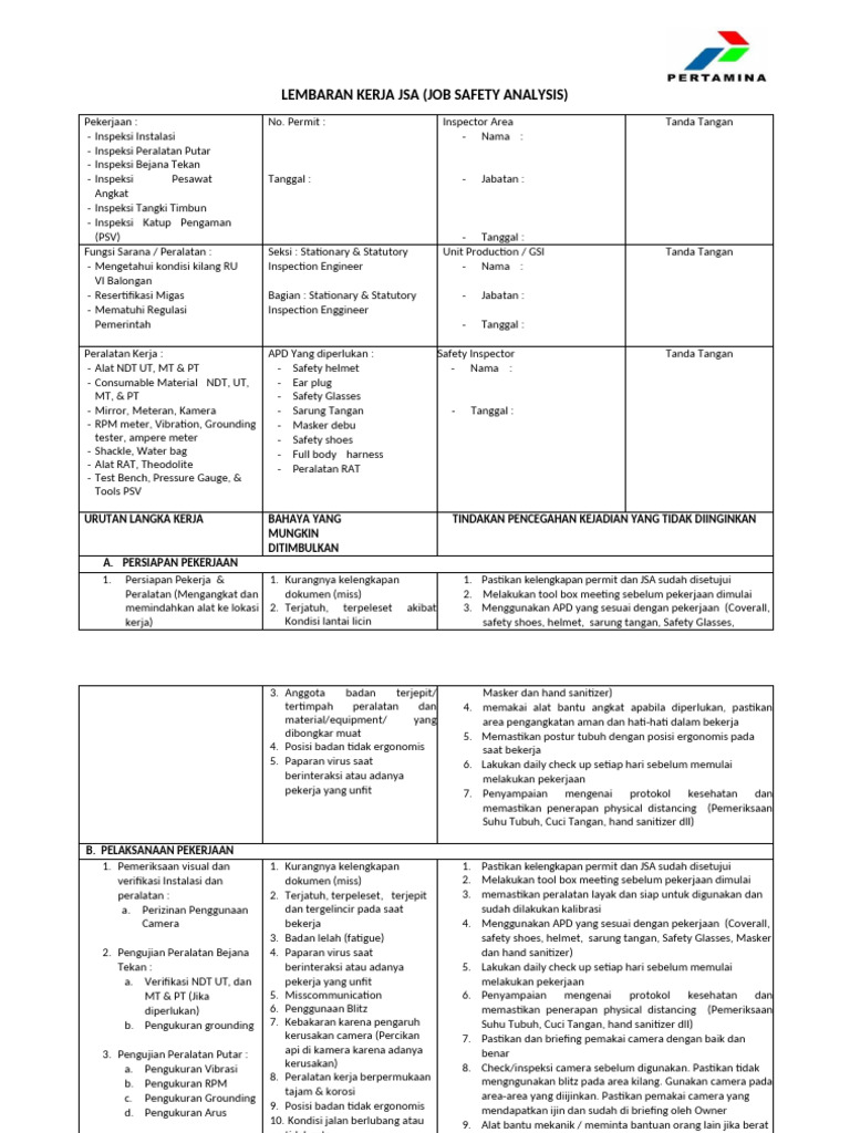 JSA Inspection KPOC Dan EXOR | PDF | Teknologi & Rekayasa