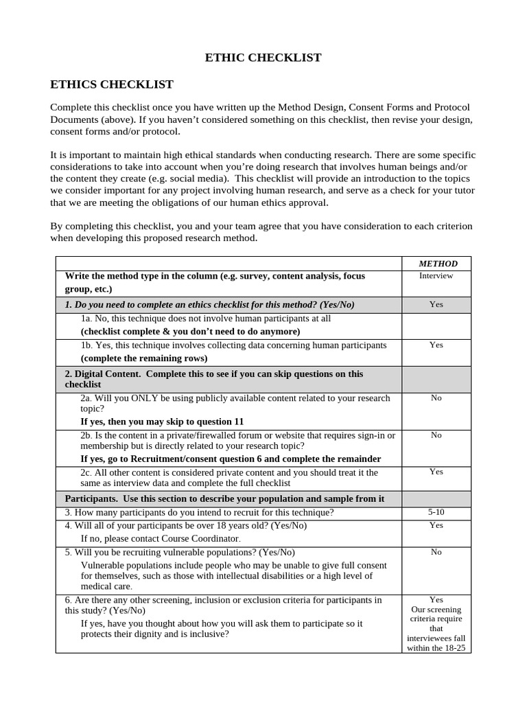 Research Ethics Checklist Guide | PDF | Consent