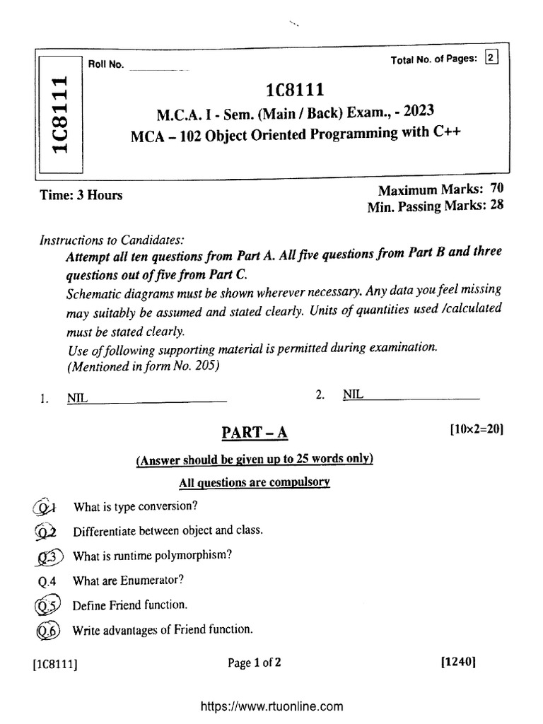 Mca 1 Sem Object Oriented Programming With Cpp 1c8111 2023 Pdf 6981