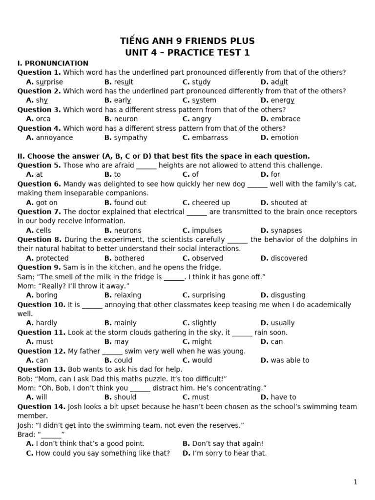 Tiếng Anh 9 Friends Plus - Unit 4 - Practice Test 1 | PDF | Stress ...