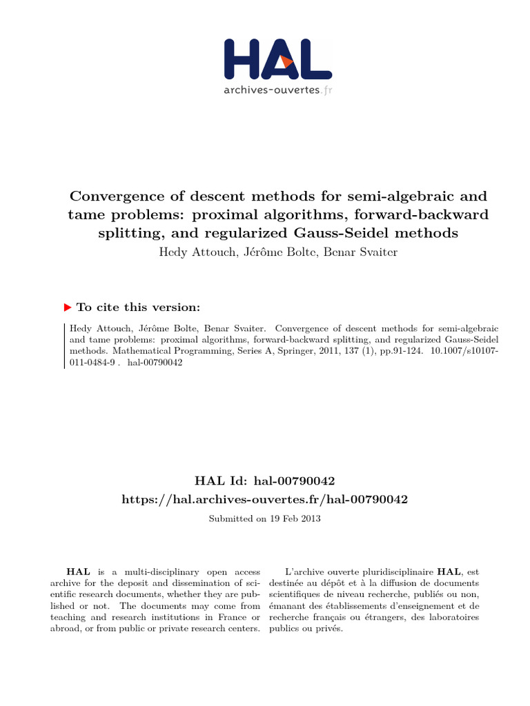 Convergence of Descent Methods For Semi-Algebraic and | PDF | Mathematical Optimization ...