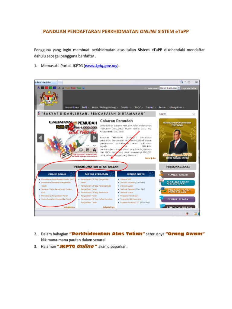 Panduan Pendaftaran Perkhidmatan Online Sistem ETaPP | PDF