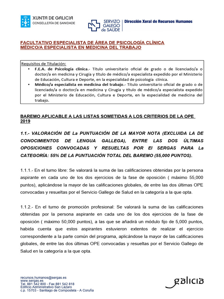 Baremo FEA Psic Clinica e MED Traballo OPE 2019 CAS | PDF | Medicina | Doctorado