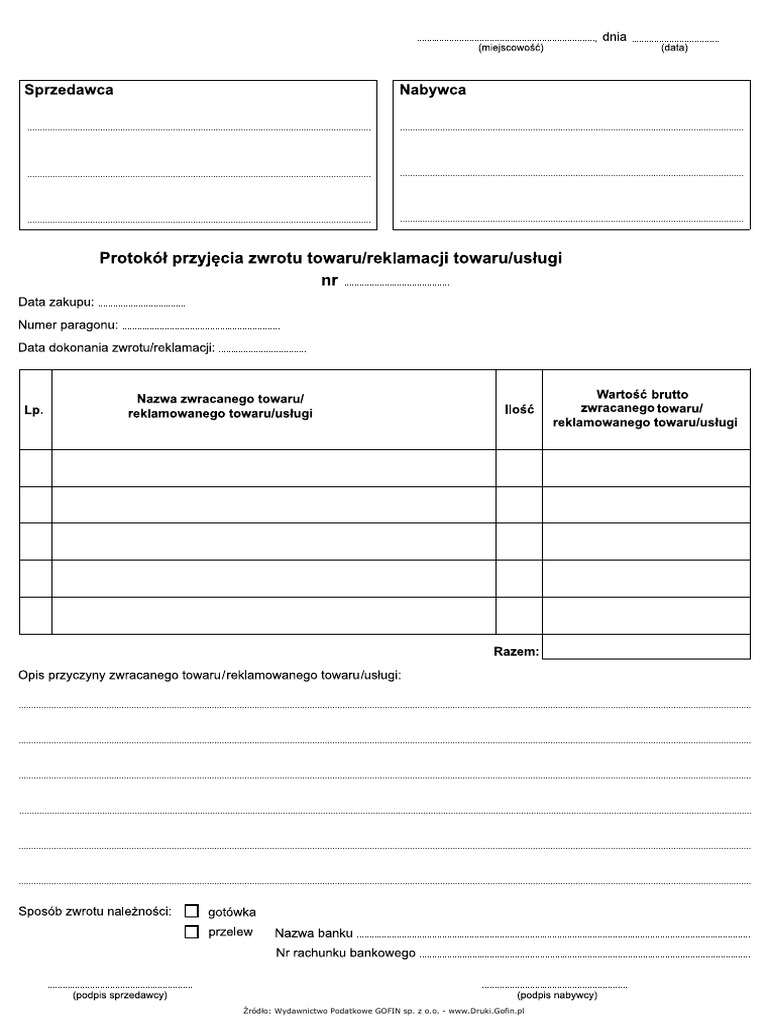 Protokol Przyjecia Zwrotu Towaruuznanej Reklamacji Towaruuslu | PDF