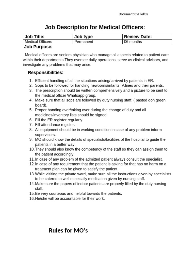 Medical Officer Job Description and Duties | PDF | Hospital | Patient