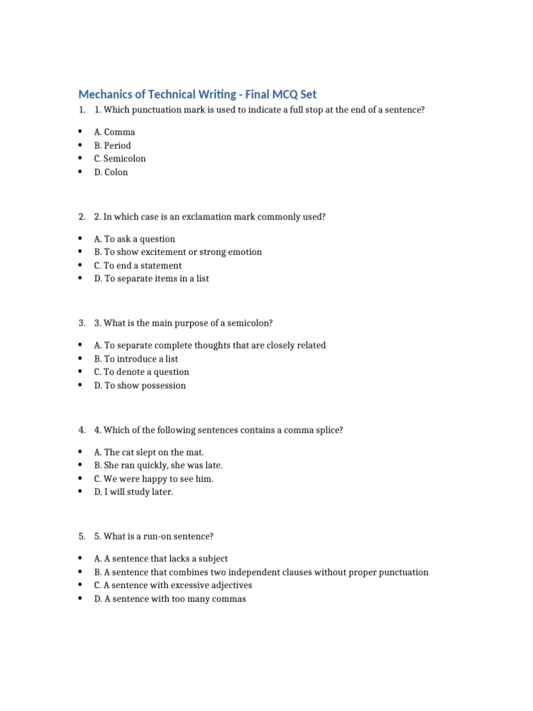 Technical Writing MCQ Guide | PDF | Comma | Linguistics