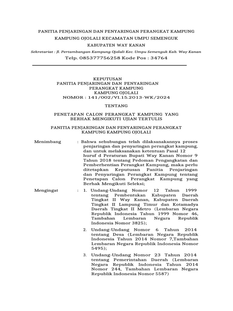 SK Tim p3K Tentang Bakal Calon Perangkat Kampung | PDF