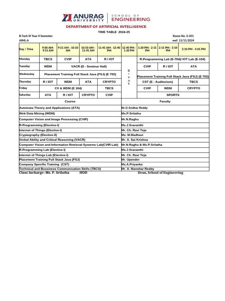 Ay 2024-2025 III - II Aiml - A Time Table | PDF | Information Science | Cyberspace