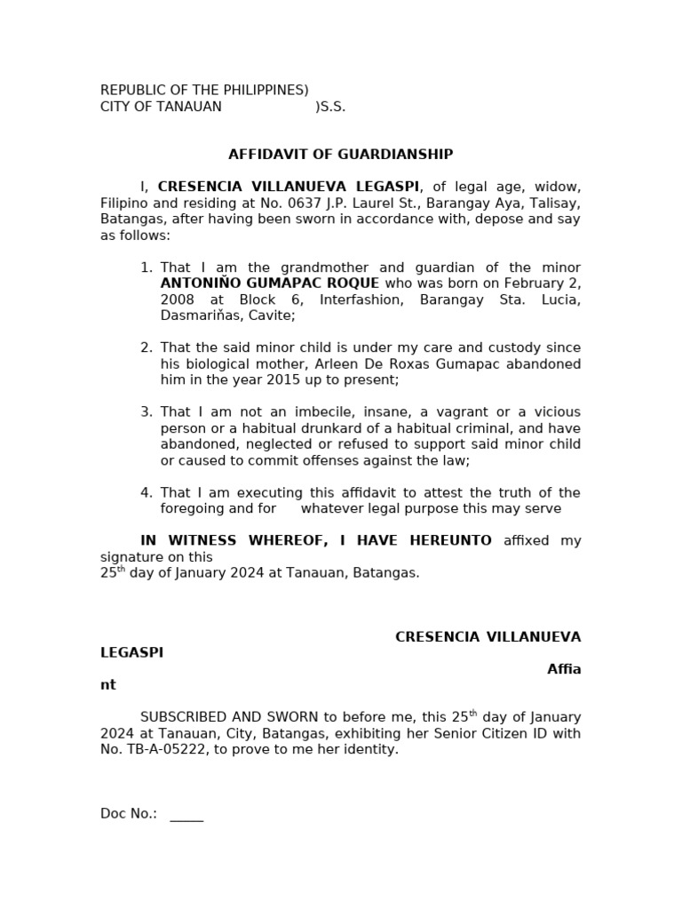 Aff of Guardianship CRESENCIA LEGASPI | PDF | Wellness