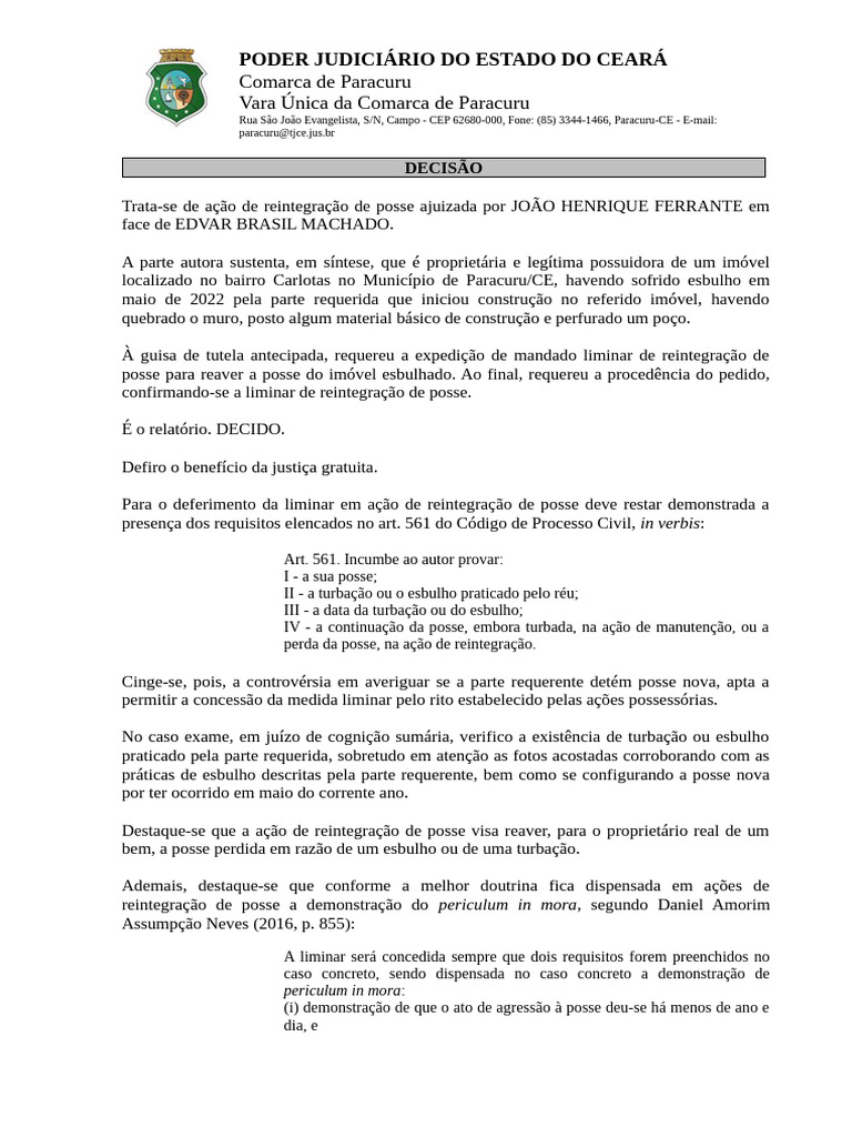 Decisao Inicial - Deferir Reintegração de Posse | PDF | Lei Civil (Lei ...