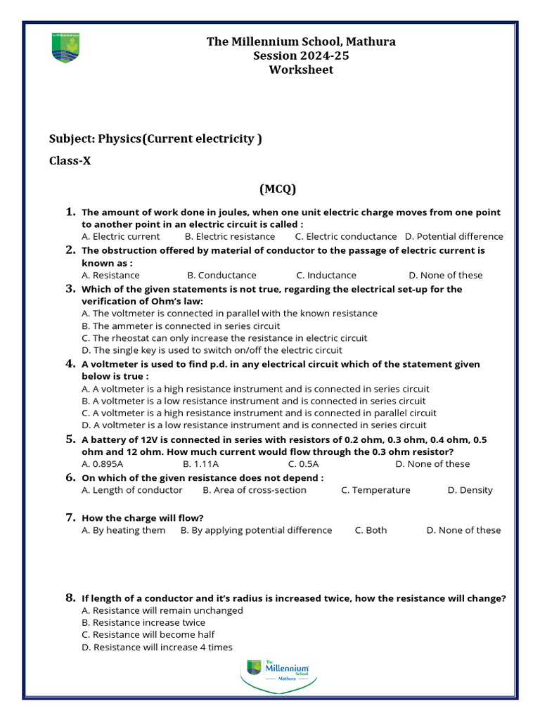 Class-X Worksheet (Electricity) | PDF | Electrical Resistance And ...