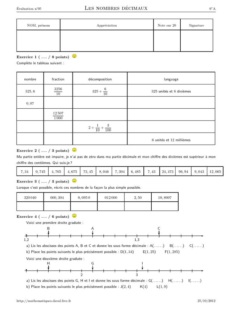 Évaluation sur les Nombres Décimaux 6eA | PDF | Mathématiques ...