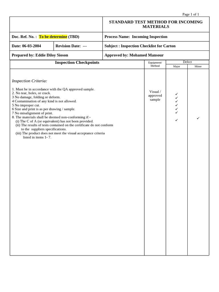 Inspection Checklist For Carton | PDF