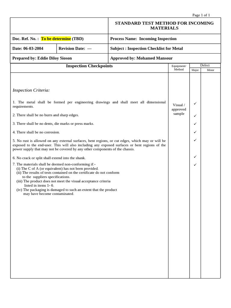 Inspection Checklist For Metal | PDF | Materials