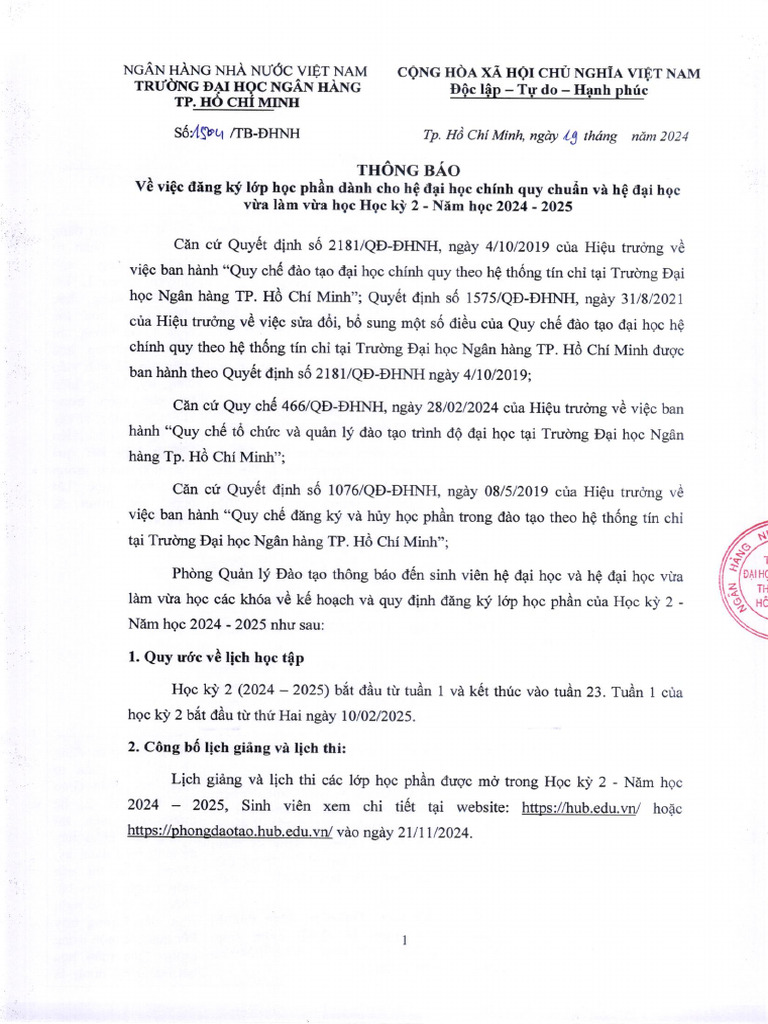 1504 - 24 TB V - V Dang Ky Lop Hoc Phan Danh Cho He DHCQ Chuan Va VLVH HK2 NH 2024 2025 | PDF